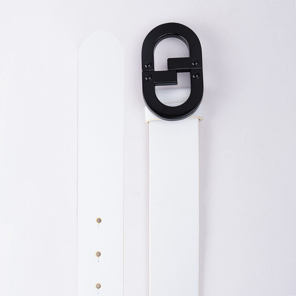 CG BLACK LOGO BUCKLE WHITE BELT - Crownedgear Luxury